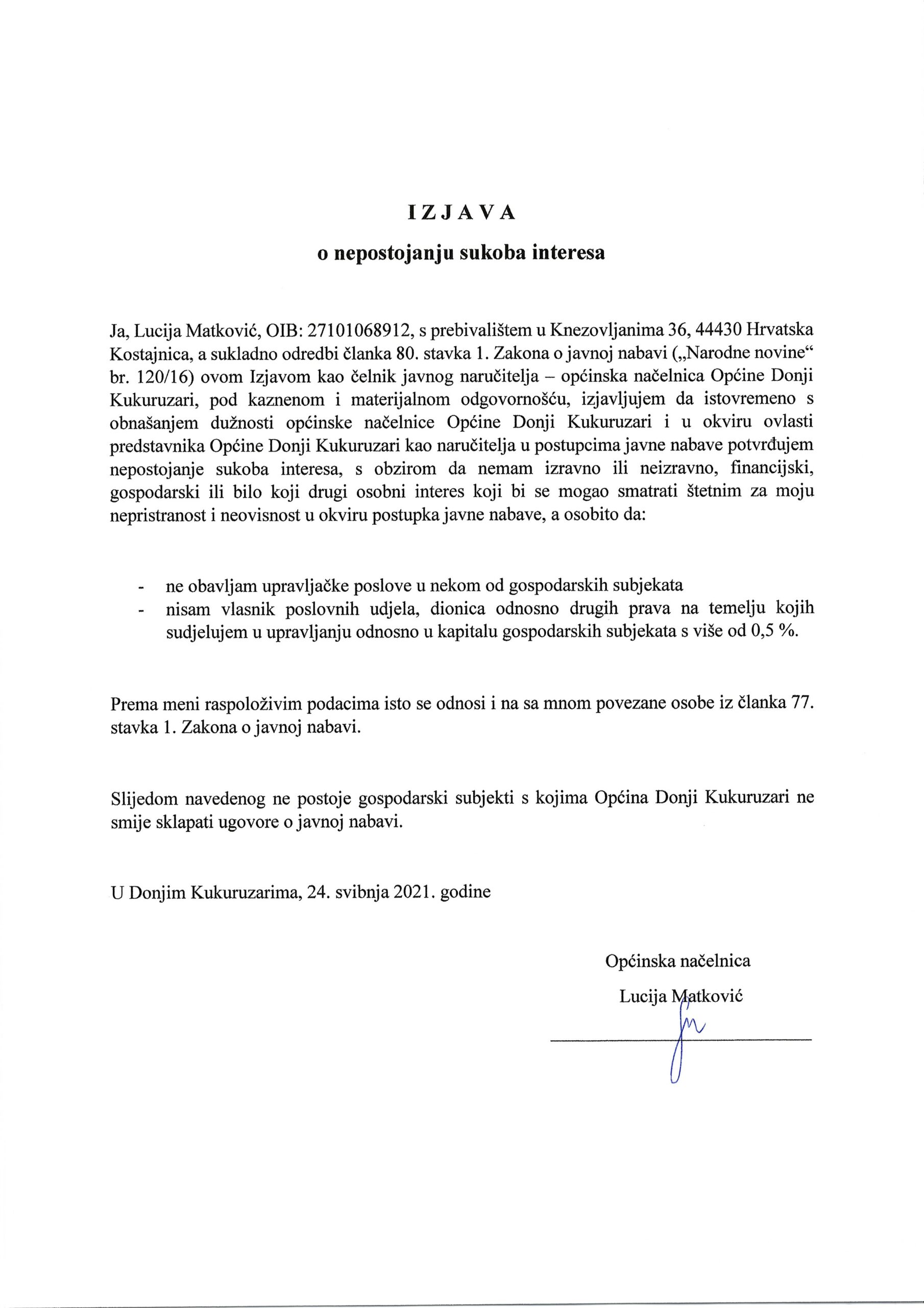LUCIJA MATKOVIĆ - IZJAVA O NEPOSTOJANJU SUKOBA INTERESA - Opcina Donji ...